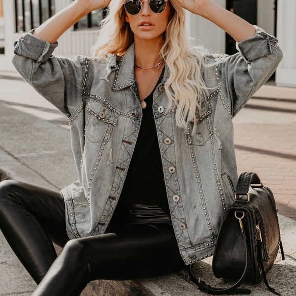 Jackets & Coats | Women Studded Denim Oversized Faded Wash Button Front ...